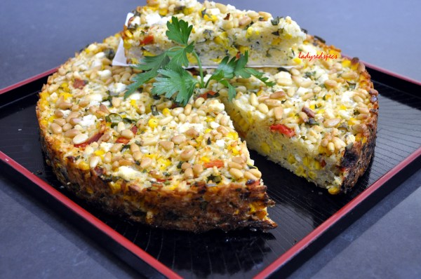 Sweet Corn and Roasted Red Pepper Risotto Cake | Please Pass the Recipe