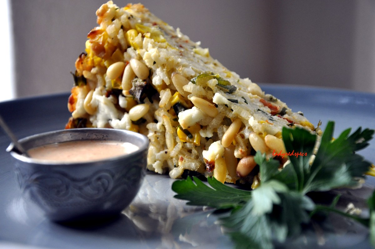 Sweet Corn and Roasted Red Pepper Risotto Cake | Please Pass the Recipe